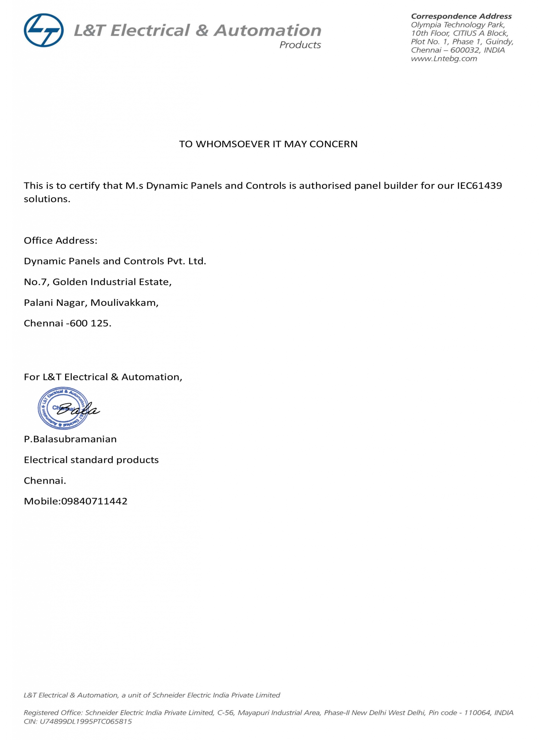 Certification – DYNAMIC PANELS AND CONTROLS PVT LTD